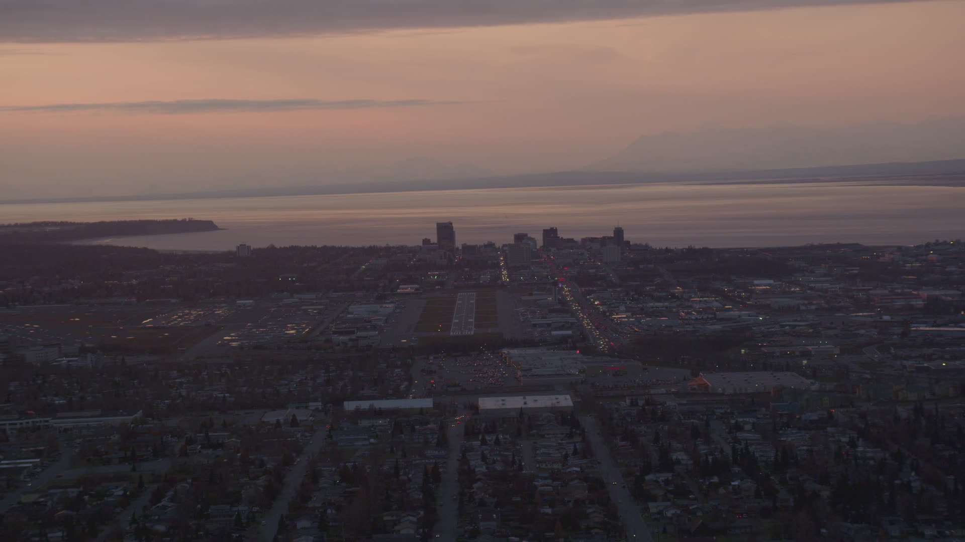 4K stock footage aerial video approaching Merrill Field and Downtown ...
