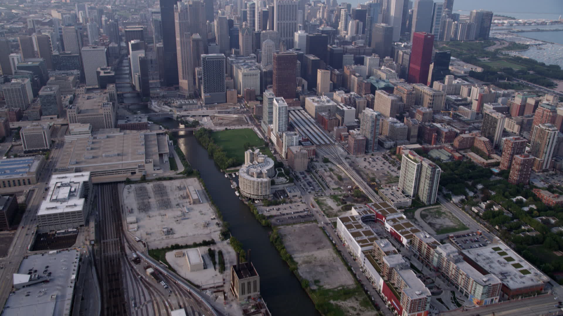4.8K stock footage aerial video tilting from Metra Railroad Yard and ...