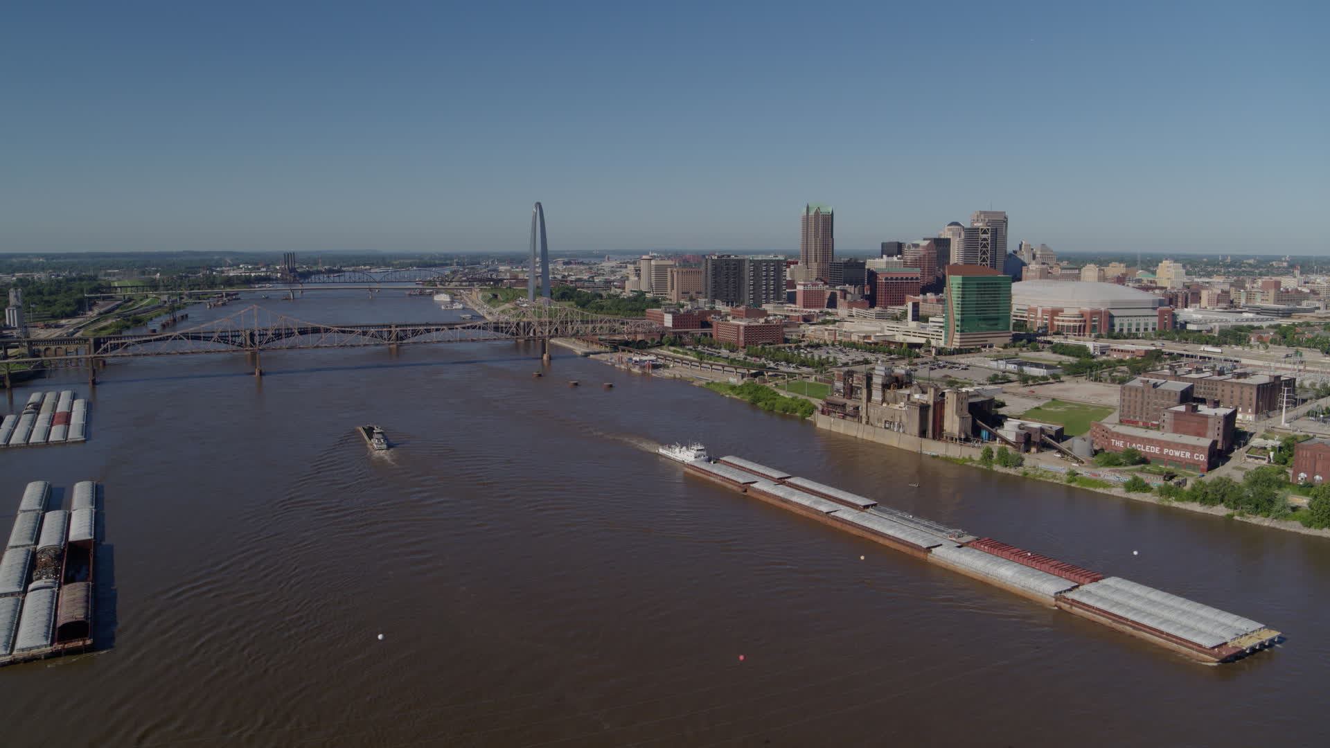 5.7K stock footage aerial video of a view of riverfront buildings and ...