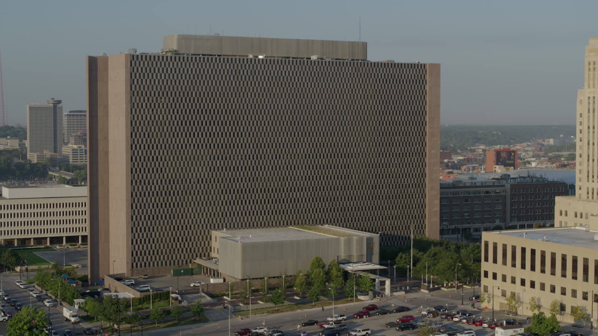 5.7K stock footage aerial video of a static view of a government office ...