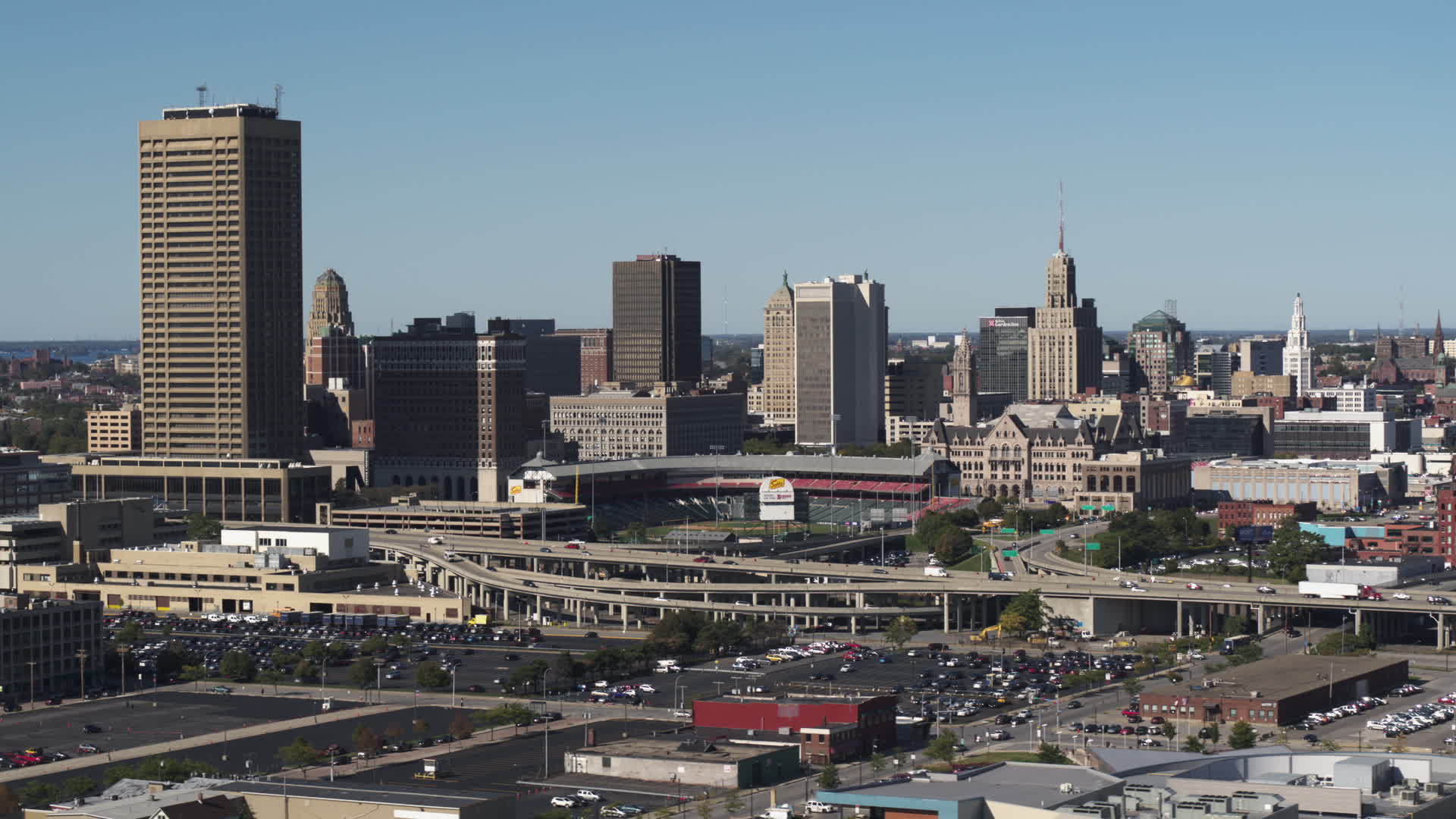 5.7K stock footage aerial video a view of the city's skyline behind ...