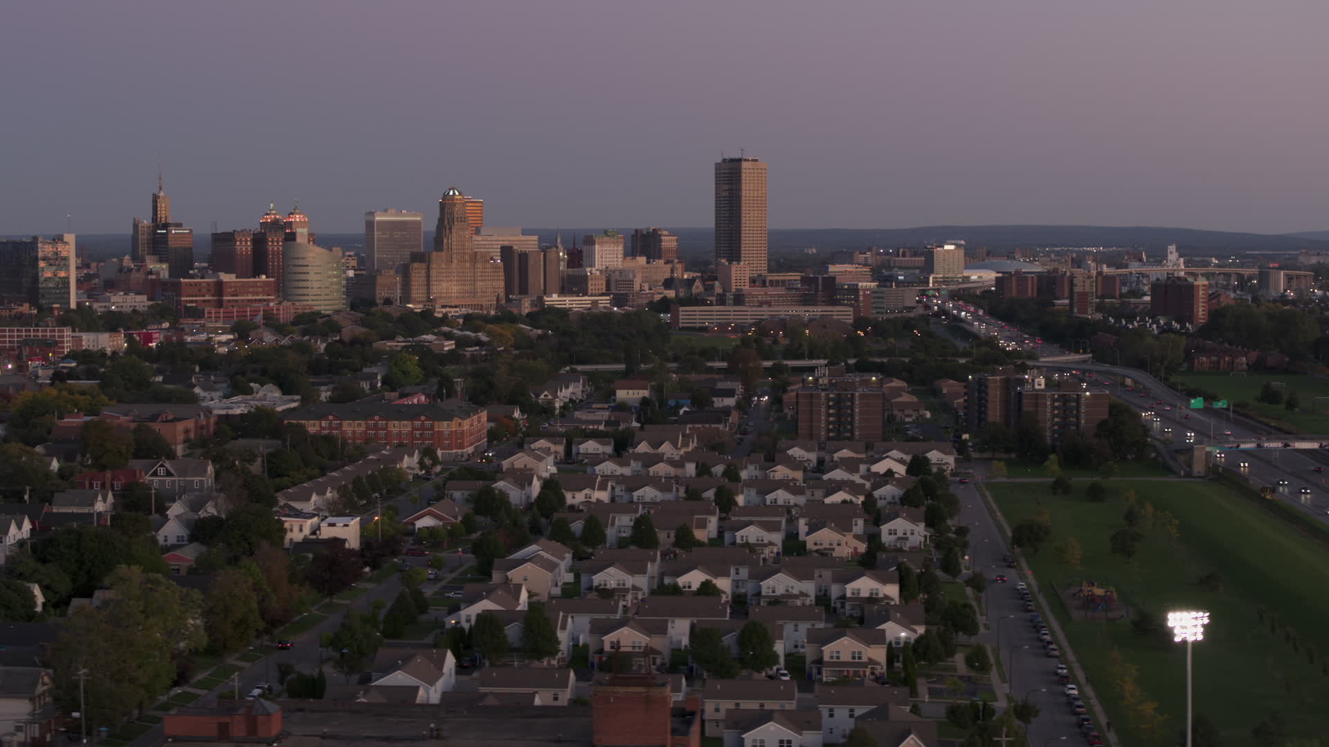 5.7K stock footage aerial video of Seneca One Tower and skyline seen ...