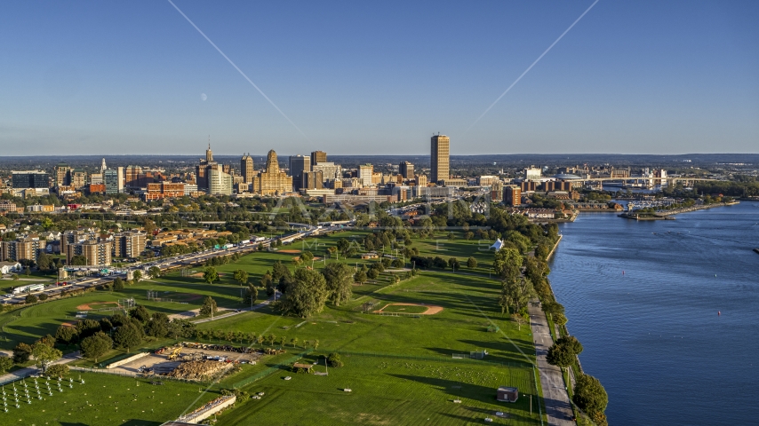 A wide view of the city skyline in Downtown Buffalo, New York Aerial ...