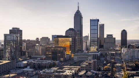 Focusing on the city's skyline in Downtown Indianapolis, Indiana Aerial ...