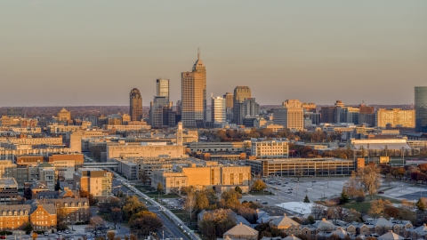Hotel and city's skyline at sunset, Downtown Indianapolis, Indiana ...